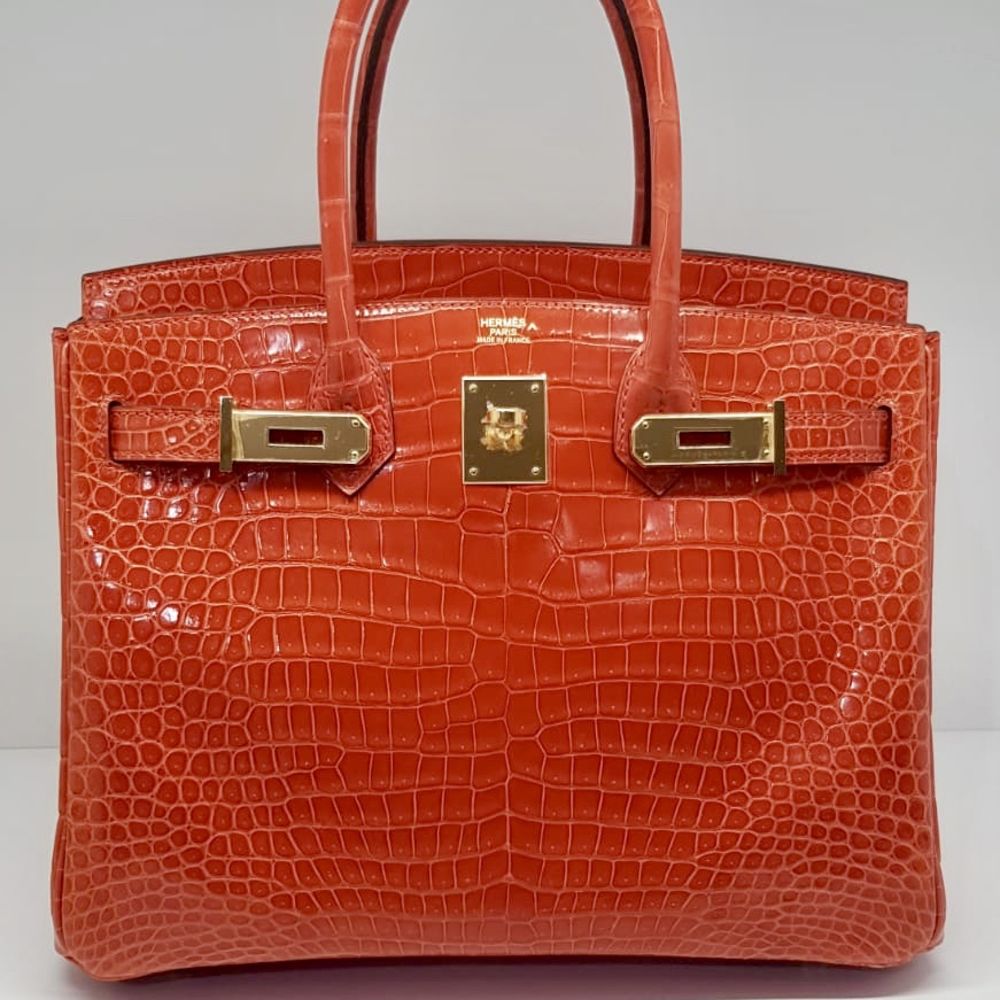 Hermès Birkin 30 Orange Poppy Crocodile Porosus Lisse Gold Hardware GH ...